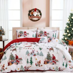 christmas duvet cover set queen size santa claus snowman christmas tree bedding set, microfiber red xmas comforter duvet cover with pillowcases festive winter holiday decor(zipper closure,90''x90'')