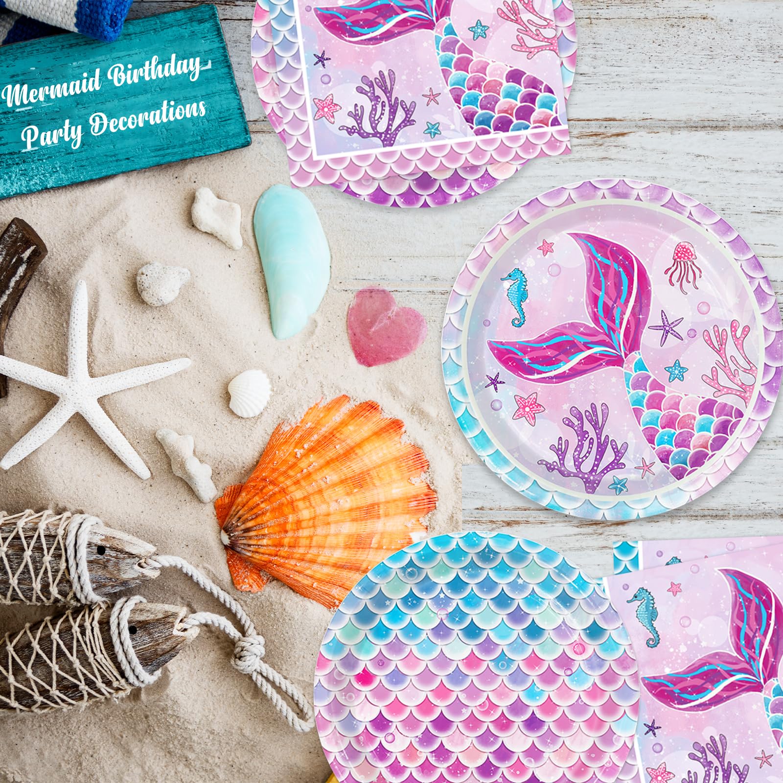 168Pcs Mermaid Birthday Decorations Mermaid Party Supplies Includes Plates, Napkin, Knives, Spoons, Forks for Baby Shower Ocean Birthday Party Decorations, Serves 24