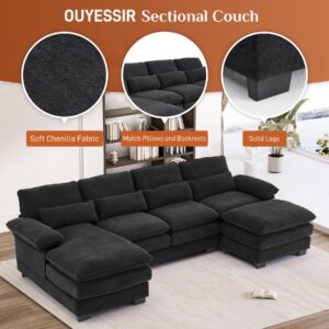 Nolohoo U Shape Sectional Sofa Cloud Couch,124" Chenille Comfy Couches for Living Room, Modern Upholstered Large Modular Sofa with Chaise,Console USB Port Cup Holders, Dark Gray