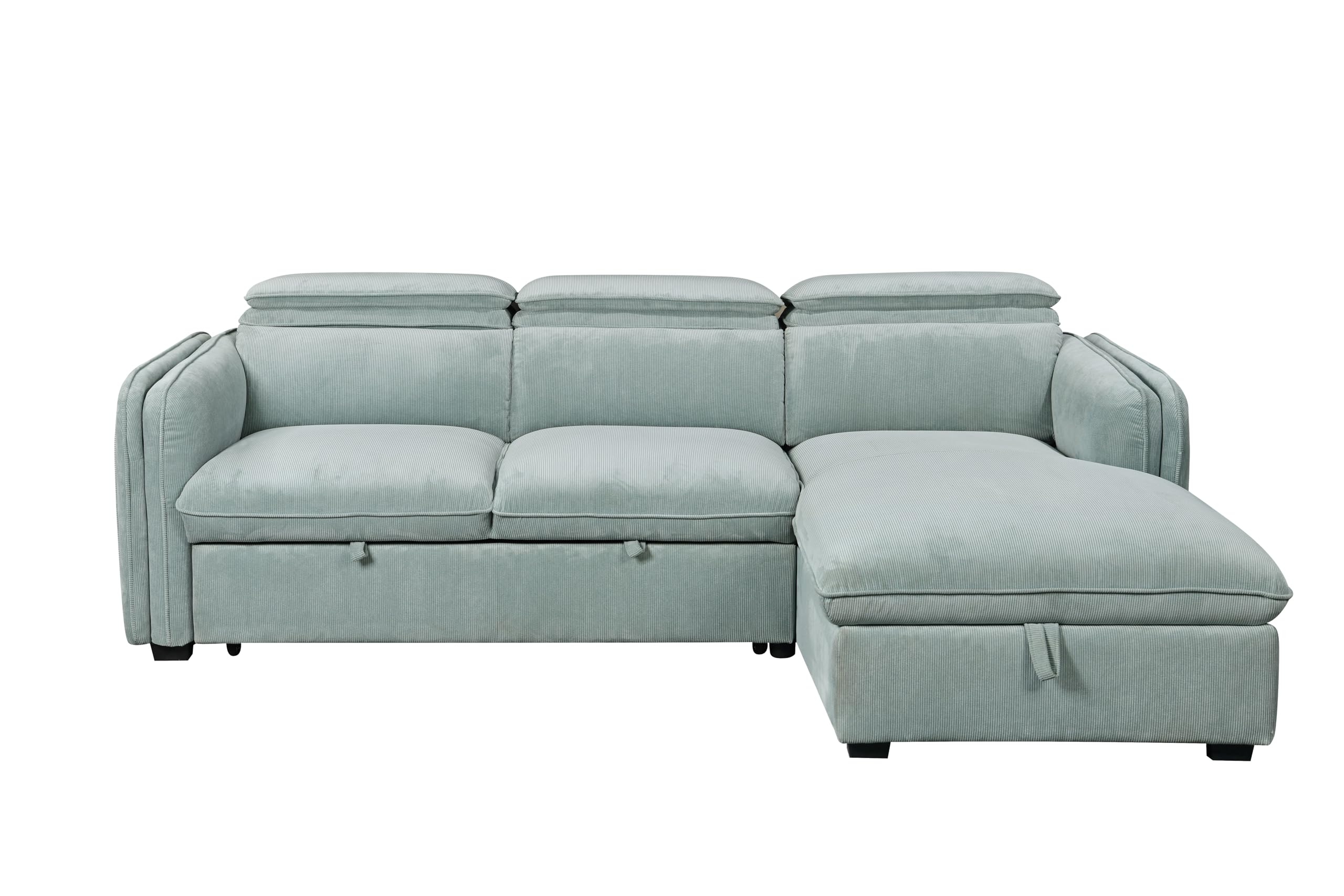 TXFTRR L Shaped Sleeper Sofa - Corduroy Couch Sectional with Pull Out Sleeper and Storage Chaise, Pull Out Bed Couch with Adjustable Headrest, Sleeper Sectional Sofa for Living Room, Light Green