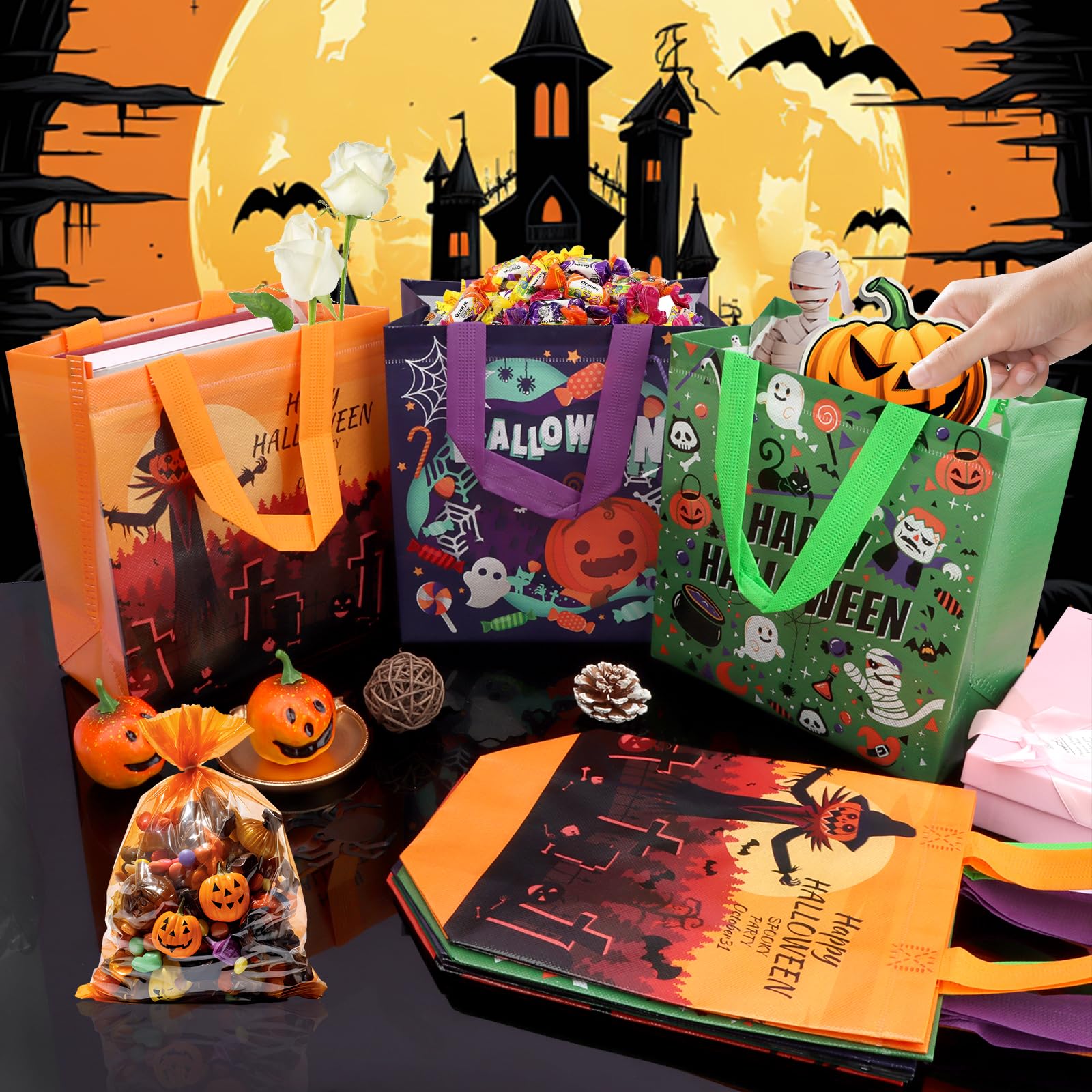 BAHABY 12PCS Halloween Treat Bags Large Gift Bags with Handles Trick or Treat Bags for Kids Halloween Party Favors