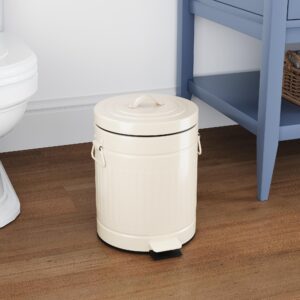 Qflushor Smll Bathroom Trash Can with Lid, 1.3 Gallons Soft Close Garbage Can with Foot Pedal, Round Step Wastebasket for Bedroom, Office, Living Room, 5 Liters / 1.3 Gallons, Cream White