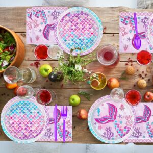 168Pcs Mermaid Birthday Decorations Mermaid Party Supplies Includes Plates, Napkin, Knives, Spoons, Forks for Baby Shower Ocean Birthday Party Decorations, Serves 24