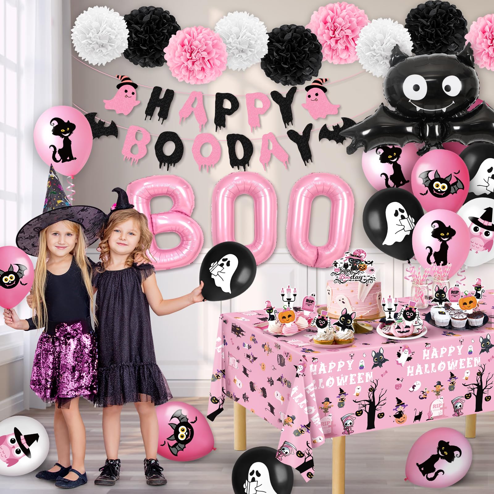 Halloween Birthday Party Decorations, Pink Black Halloween Happy Booday Party Banner with 16inch BOO Balloons Ghost Bat Balloons and Tablecloth for Girl Halloween Boo Day Party Decorations