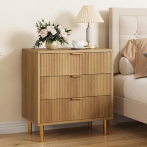 garveehome natural dresser, modern 3 drawer dresser for bedroom with gold handle and large drawer, wood double chest of drawers and storage organizer for living room, hallway, entryway