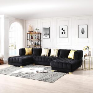 Woodpecker's Inc Marigold Velvet U-Shaped Double Chaise Sectional Sofa - with 6 Pillows & Gold Legs (Black)