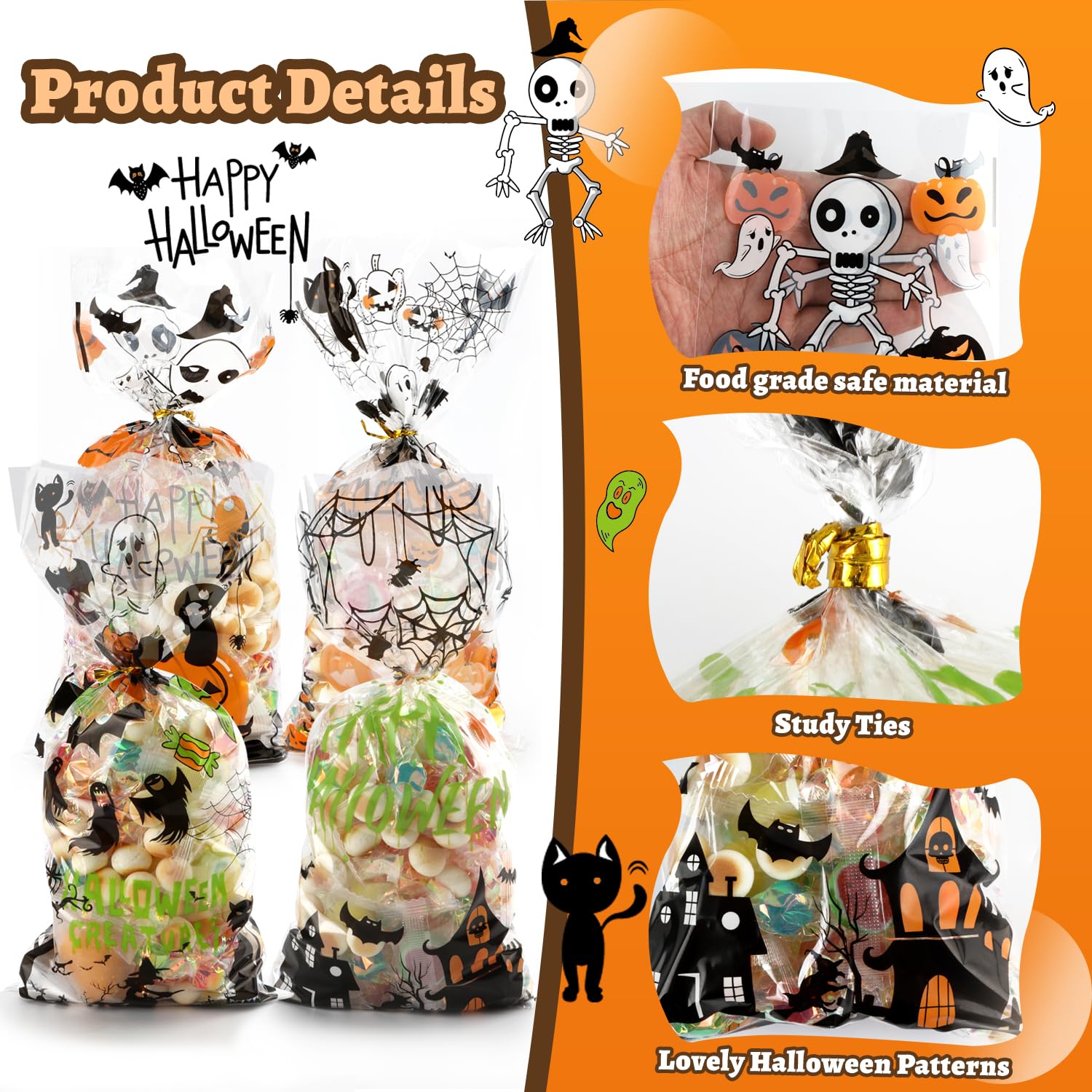 SHTALHST Halloween Treat Bags, 200 pcs (4.9” x 10.8”) Halloween Cellophane Treat Bags, Halloween Bags for Candy with Fun Friendly Designs, Halloween Party Decorations, Spooky Treat Bags