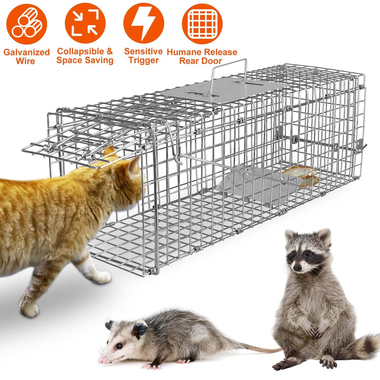 Live Animal Cage Trap, 23.3x7.2x7.7 Inches Humane Cat Trap for Stray Cats, Outdoor Heavy Duty Foldable Raccoon Traps, Humane Catch & Release Live Traps for Rabbits, Squirrels