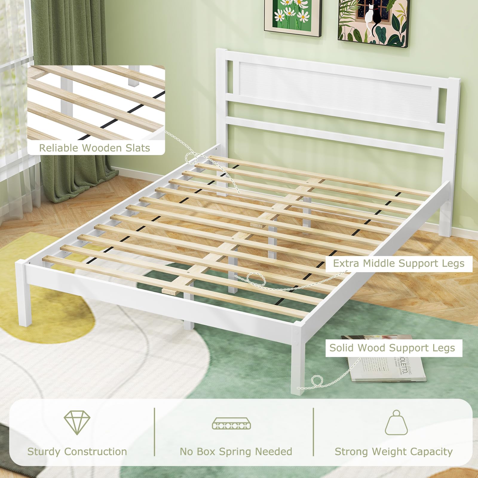 Giantex Wood Full Size Bed Frame with Headboard, Modern Solid Wood Platform Bed with Wooden Slats Support, No Box Spring Needed, Easy Assembly, Full Bed Frame for Kids, Teens, Adults, White