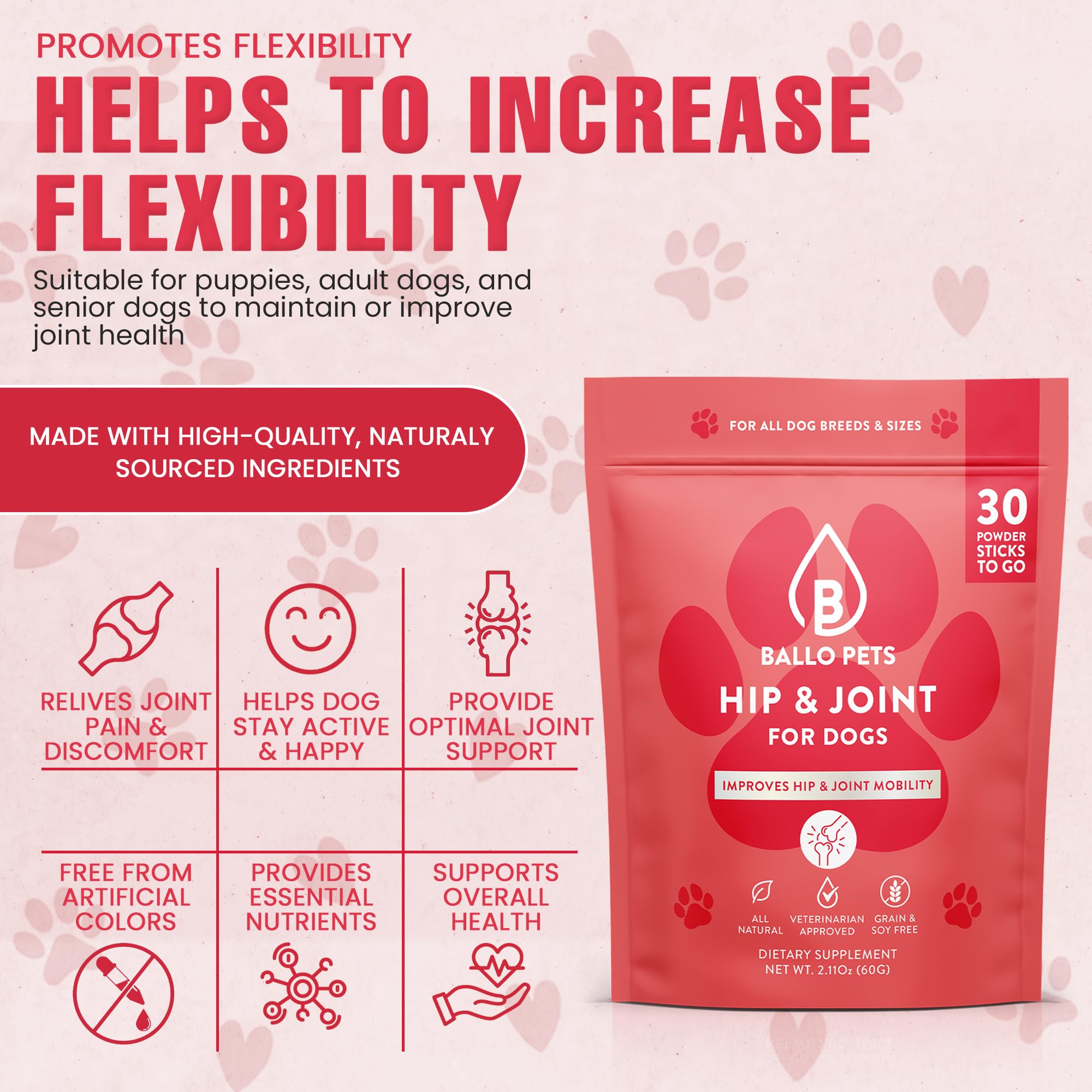 Ballo Pets Hip & Joint for Dogs - Joint Supplement for Dogs - Pain and Inflammation Relief with Glucosamine, Chondroitin, MSM, Turmeric, Vitamin C - 30 Powder Sticks to go, Red