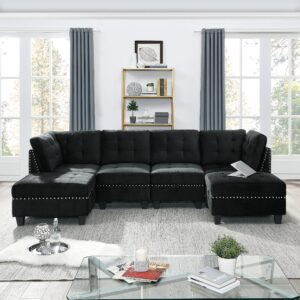 deinppa u shape modular couch with storage, velvet sectional sofa set with nailhead trim, convertible sectional sofa couch, modern chic living room furniture-black