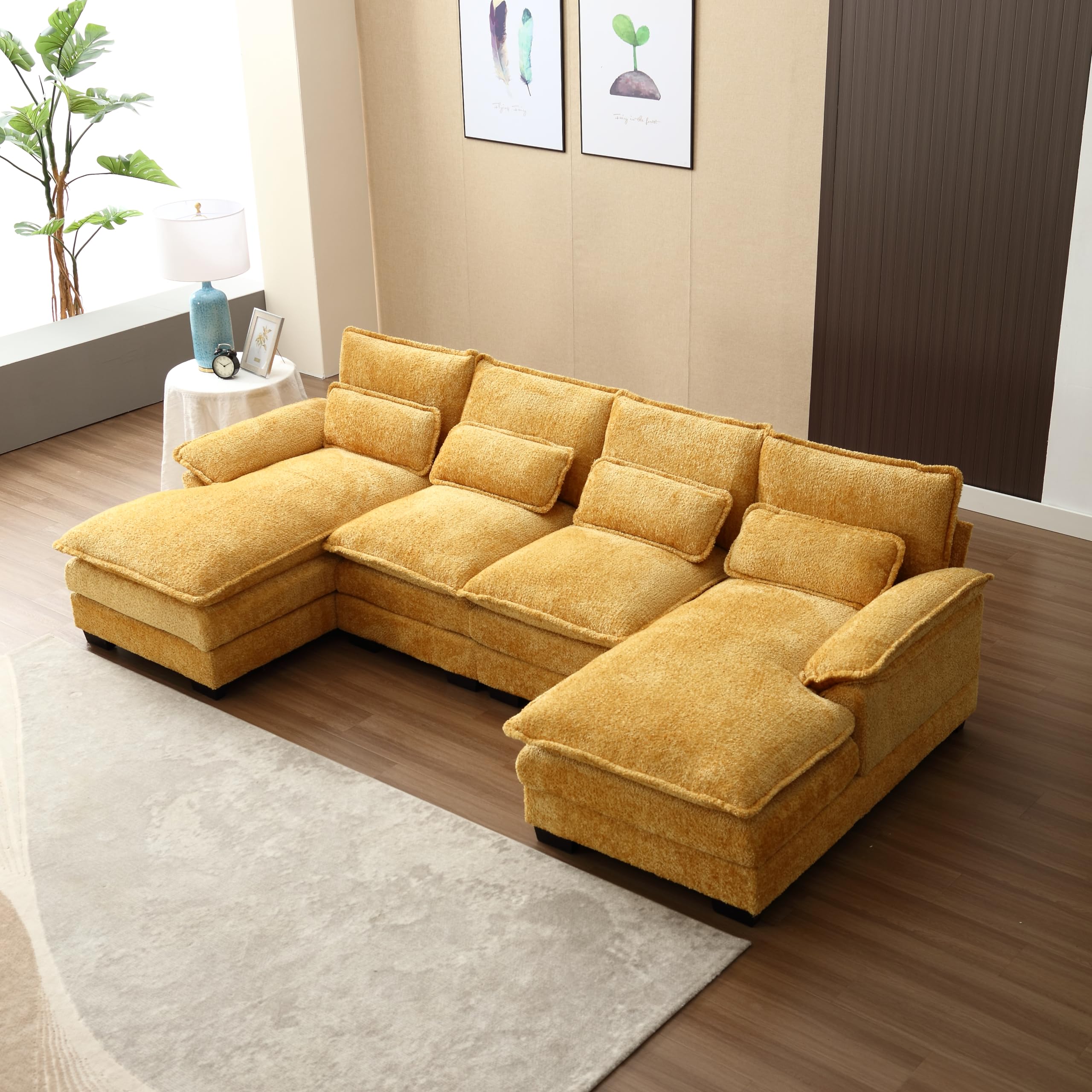 MOONMISS Modular Sectional Sofa, Modern U Shaped Sofa Couch with High Supportive & Soft Cushions, Cozy Deep Seat Couch with Double Chaise for Living Room, Apartment, Office, Mustard Yellow