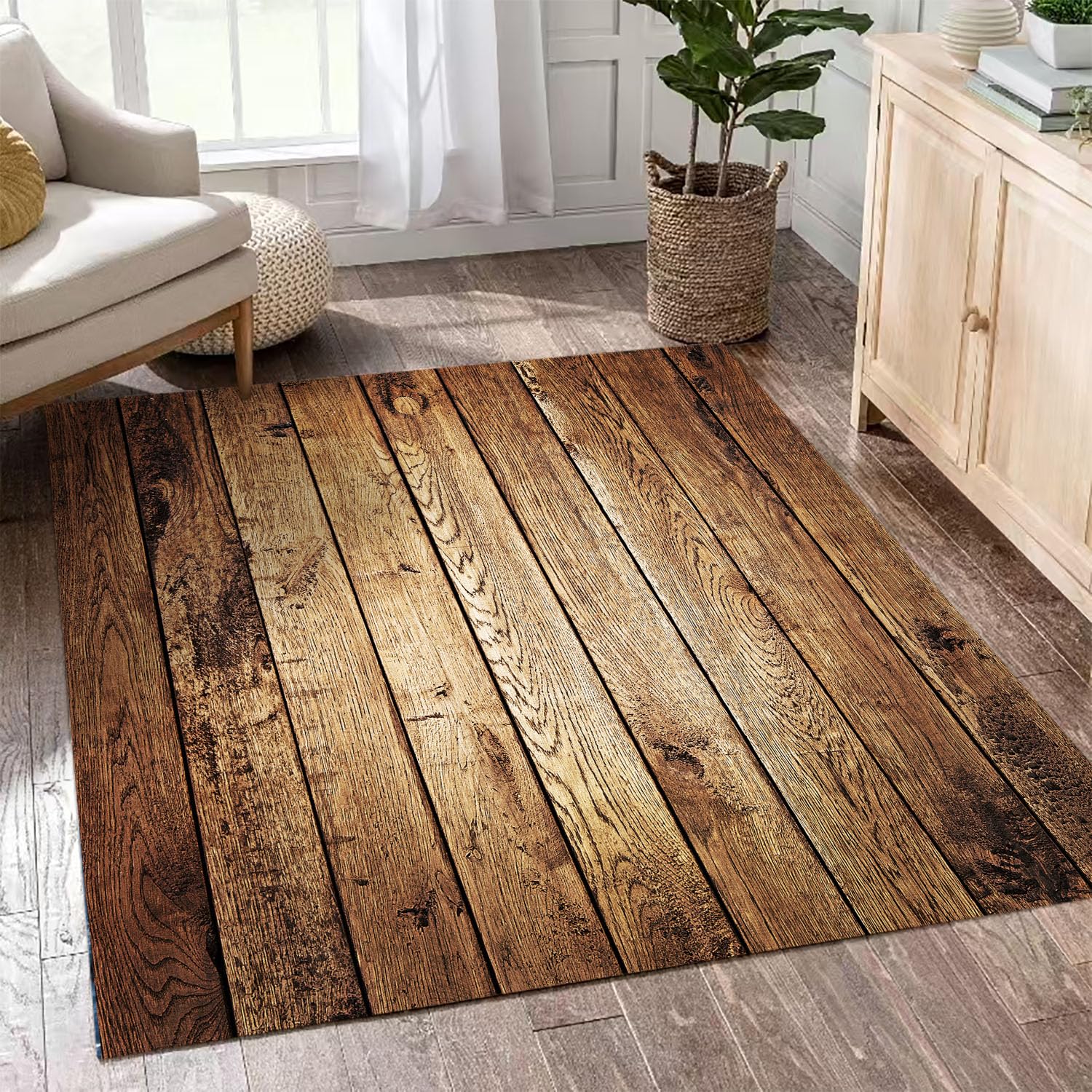 kksme Large Area Rug Carpet Floor Washable Mats Rugs 5'x6' for Living Room Bedroom Home Decor 3D Wood Floor