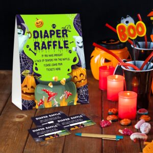 Halloween Diaper Raffle Game Sign And Tickets, Happy Halloween Baby Shower Invitations Game Sets Decorations Celebrated The Upcoming Baby's Arrival, 1 Standing Card With 50 Raffle Tickets -A03