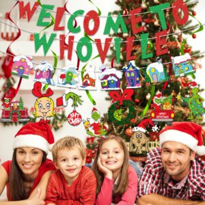 Welcome To Whoville Banner with Christmas Hanging Swirls Party Decorations, Red and Green Glitter Letter Banner Xmas Hanging Swirls Decorations Welcome Party Supplies Decorations