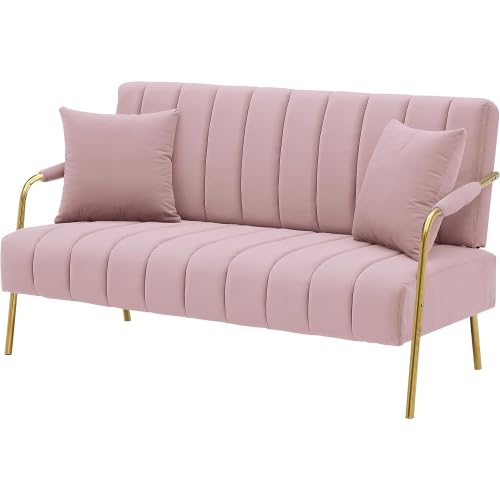 60’’ Modern Loveseat Sofa Couch, Velvet Small Love Seat w/2 Pillows and Metal Legs,2-Seater Upholstered Mini Futon Sofa Couches for Small Space,Lounge Chair, Living Room Bedroom Apartments (Pink I)