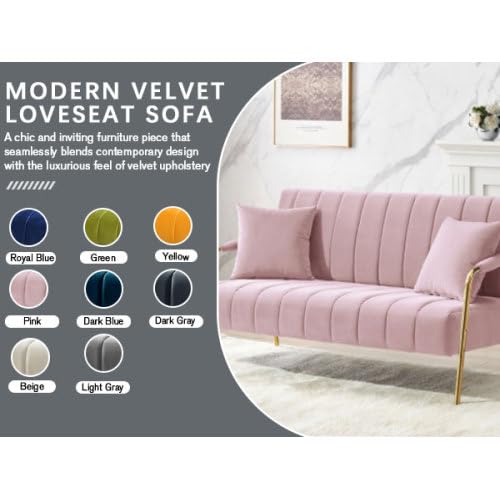 60’’ Modern Loveseat Sofa Couch, Velvet Small Love Seat w/2 Pillows and Metal Legs,2-Seater Upholstered Mini Futon Sofa Couches for Small Space,Lounge Chair, Living Room Bedroom Apartments (Pink I)