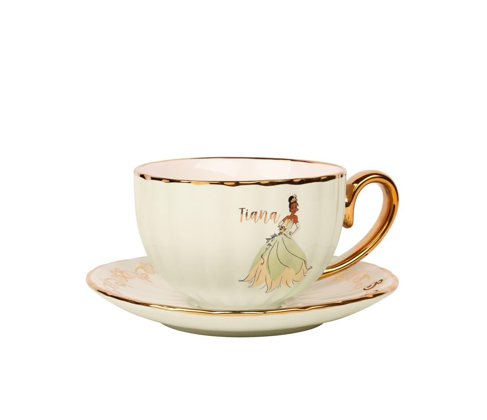 Disney Princess Golden Scalloped Teacup and Saucer - Elegant Ceramic Tea Set with Gold Accents | Official Disney Licensee (Tiana)