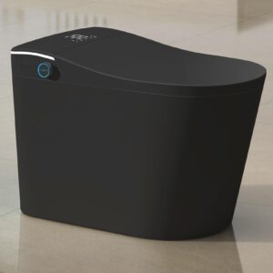 black smart toilet with auto open/close lid and foam shield, modern one piece tankless toilet with bidet built in, heated seat, warm water, warm air drying, foot sensor operation.