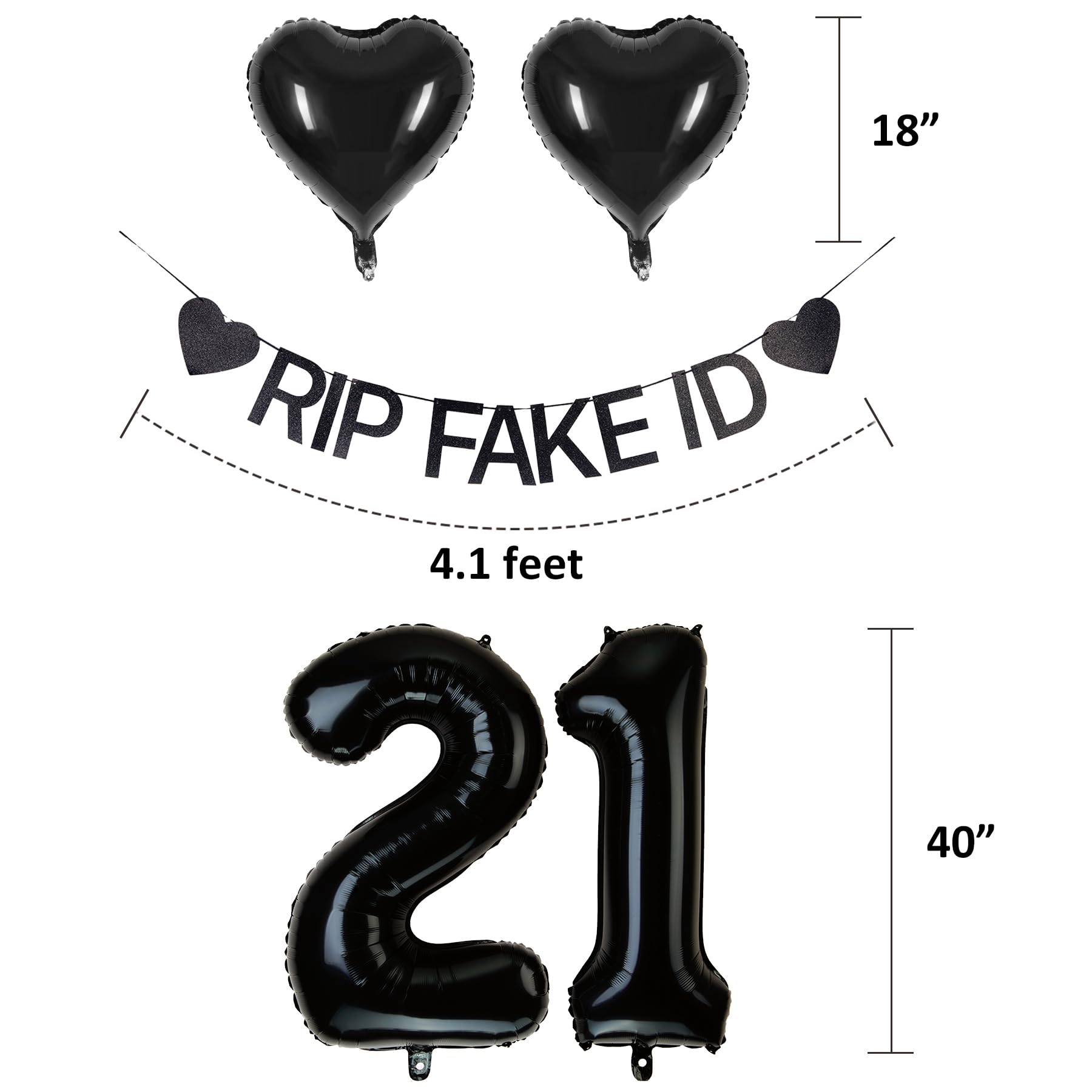 21st Birthday Decorations, Happy 21st Birthday Decorations with Happy Birthday Banner, Sliver Foil Curtains, RIP FAKE ID 21 Balloons Kit, Black Cake Topper, 21st Birthday Decorations for Him