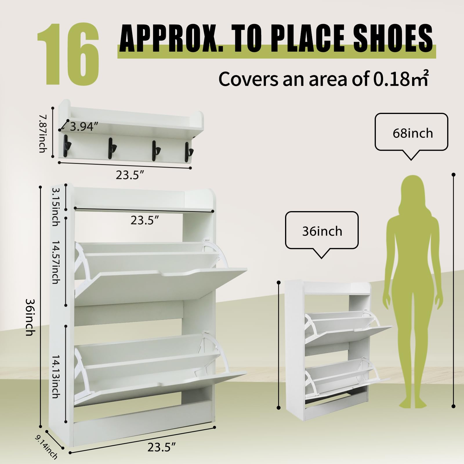 KUMIUNION Shoe Storage Cabinet with 2 Flip Drawers, Slim Freestanding Storage Racks for Entryway, Hallway, Hidden Narrow Shoe Organizers Perfect for Heels, Boots, Slippers, White with Shelf