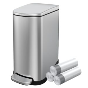 kuk slim bathroom trash can with lid, 2.6 gallon (10 l) stainless steel step small garbage can with removable inner bucket, soft close, anti-fingerprint finish (silver)