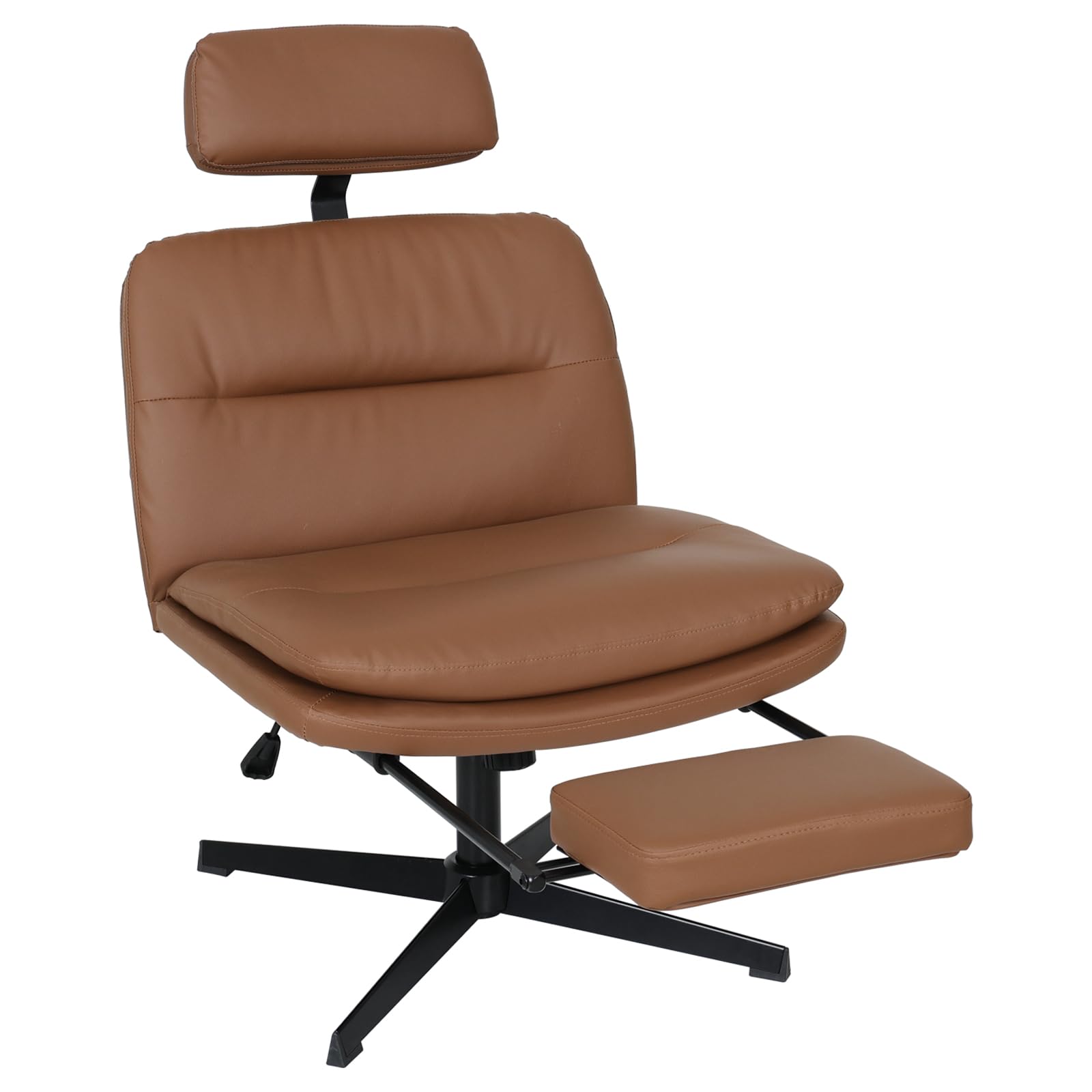 ELECWISH Criss Cross Chair, Armless Cross Legged Desk Chair No Wheels, PU Leather Applesauce Office Chair Wide Padded Home Office Chair with Headrest&Footrest for Bedroom, Living Room(Brown)