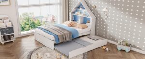 turridu full size house-shaped bed with led light&bookcase headboard,wood platform bed with pull-out trundle,no box spring needed,montessori floor bed, blue+ white