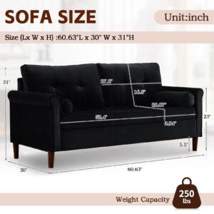 Black Loveseat Sofa, Mid-Century Modern Velvet Small Couch, Comfy Love Seat Sofa, Upholstered Mini Sofa With Back Cushions Rolled Armrest For Living Room, Bedroom, Office Apartment, Small Space