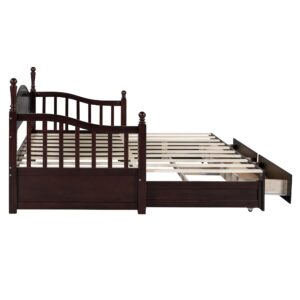 Guxeei Twin Size Daybed, Wooden Extendable Sofa Bed Frame with Twin Size Trundle and Two Storage Drawers for Bedroom, Sturdy Wood Slat Support, No Box Spring Needed, Easy Assembly (Espresso)