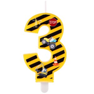 construction birthday candle, happy birthday candles numbers construction cake topper yellow and black striped candles for boys construction birthday party supplies decorations (number 3)