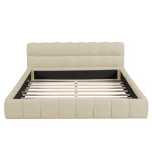 Merax Modern Queen Upholstered Bed Frame with Wingback, Linen Low Plattform Bed, No Box Spring Needed Beige