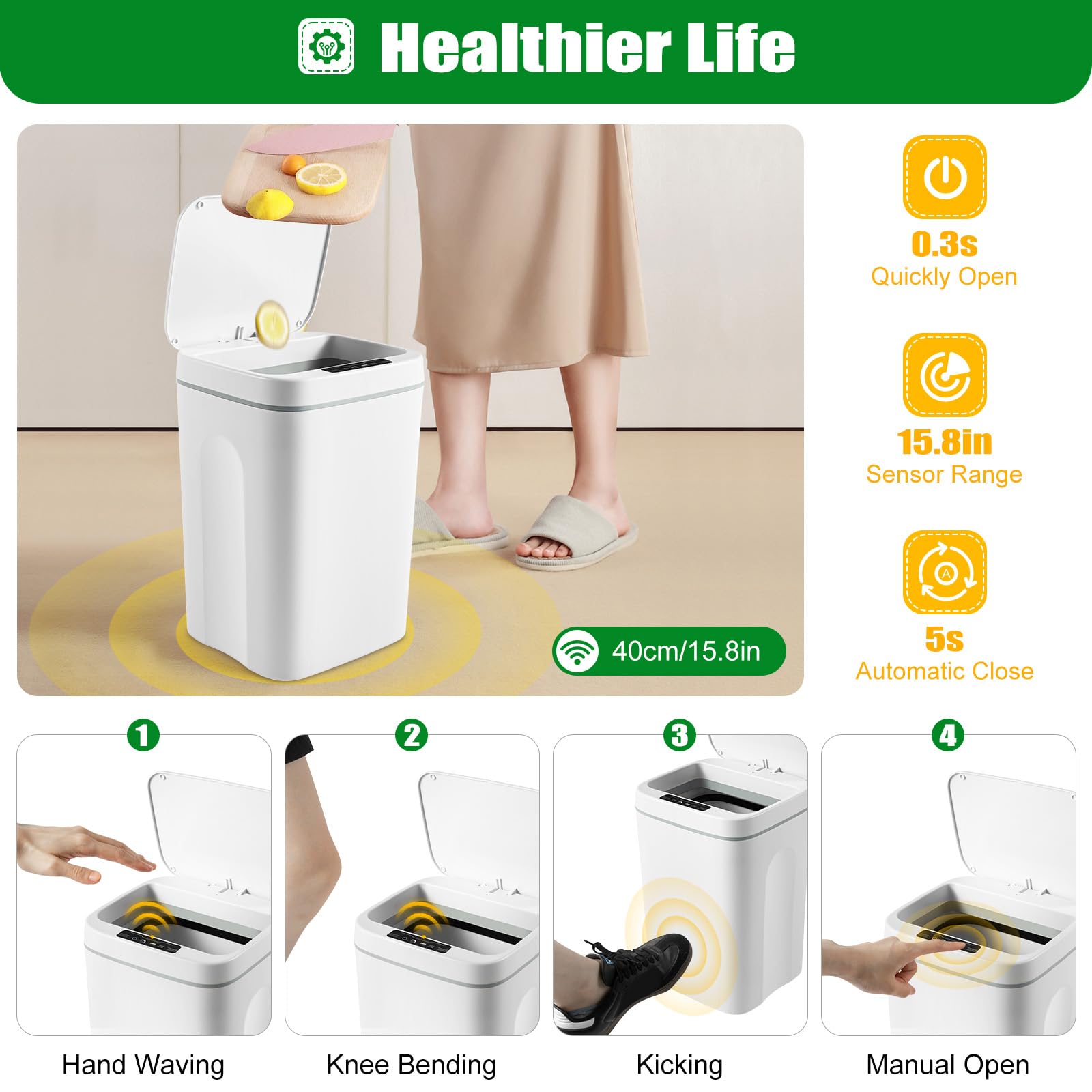 EurHomePlus 4.23 Gal Automatic Trash Can, Touchless Trash Can with Motion Sensor, Electric White Garbage Bin with LED Lighting, for Bedroom, Bathroom, Kitchen