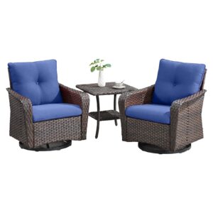 rilyson outdoor patio rocking swivel chairs - 3 pc wicker patio furniture rocker chair set rattan patio bistro sets with side table for porch deck backyard garden(brown/blue)