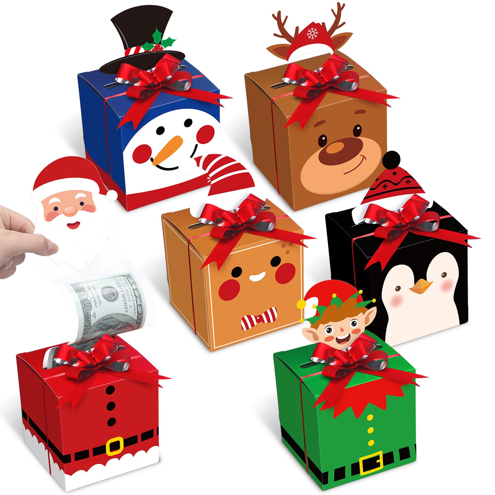 Cholemy 12 Pcs Christmas Money Box for Cash Gift Christmas Money Holder Merry Christmas Money Pull Box Snowman Elves Elk Gingerbread Penguin with Bows Cash Box for Christmas Holiday Birthday