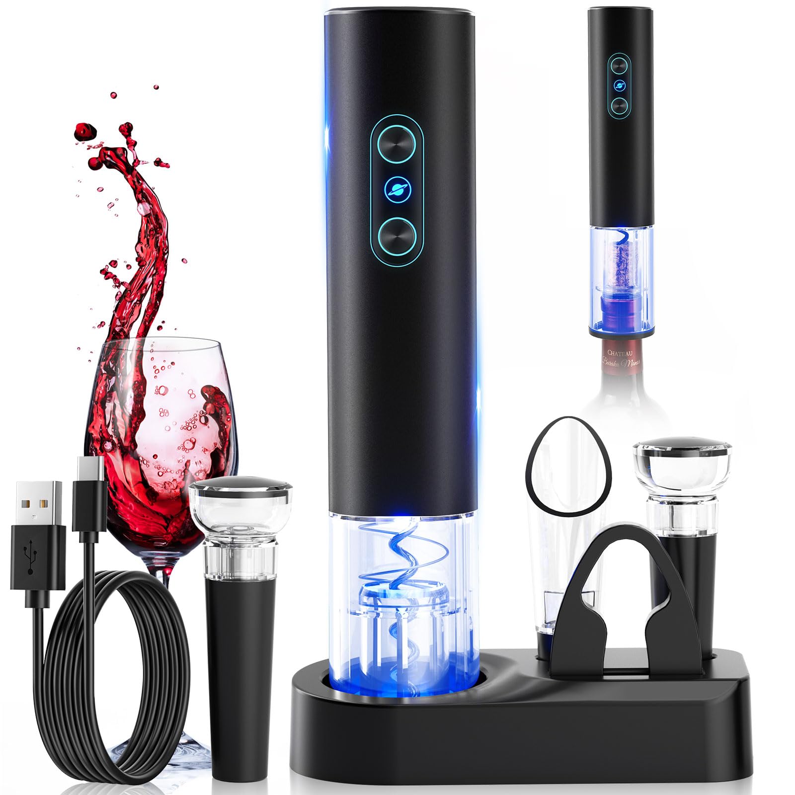 Otuseta Electric Wine Opener, Rechargeable Cordless Wine Accessories, Stainless Steel Cordless Automatic Wine Bottle Corkscrew with Vacuum Stoppers, Foil Cutter for Home Party Wedding, Bars(Black)