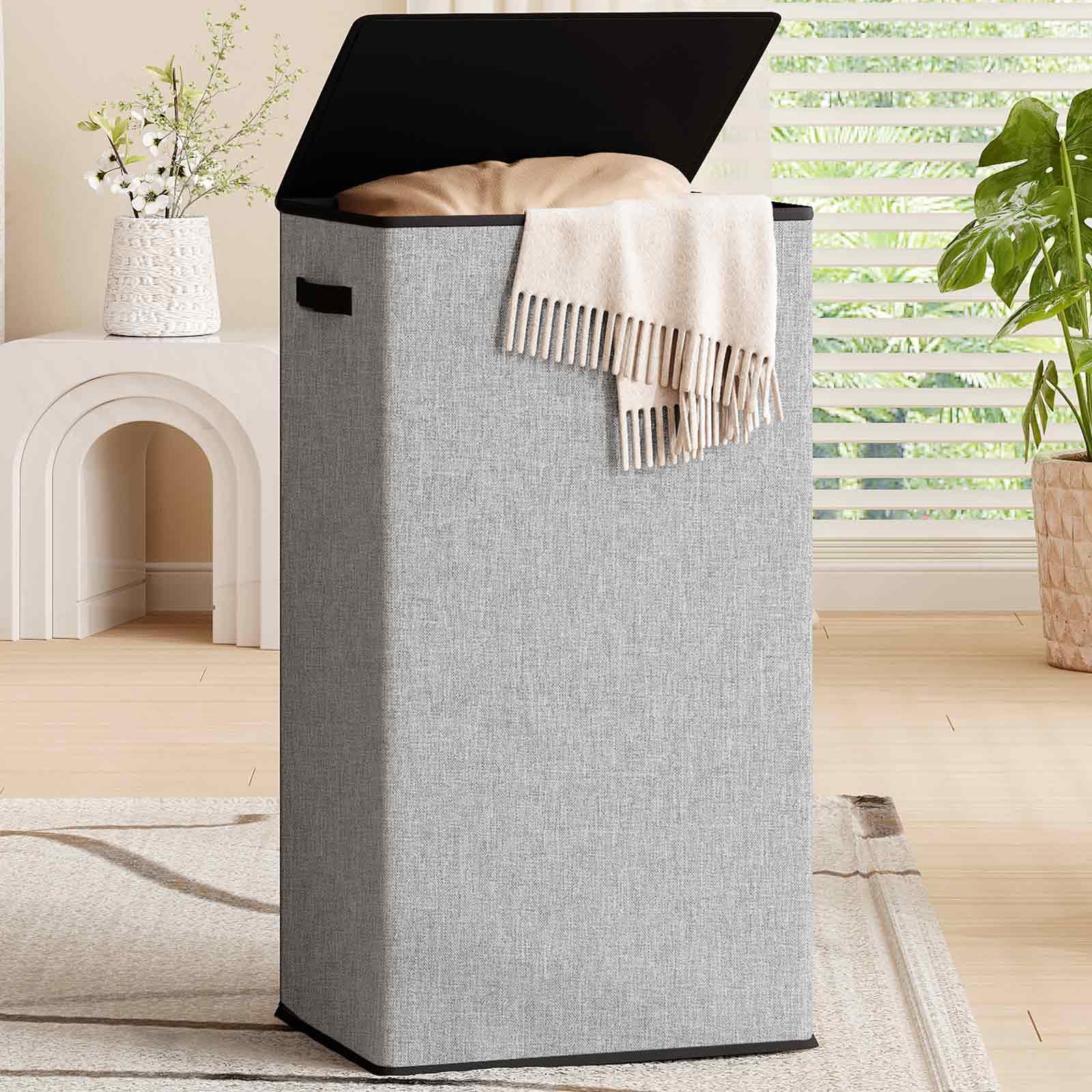 Relefree Laundry Hamper with Lid,100L Large Collapsible Laundry Baskets,Dirty Clothes Hamper with Removable Bag,Tall laundry Hamper with Internal Support for Bedroom,Bathroom,Dorm,Laundry Room,Grey