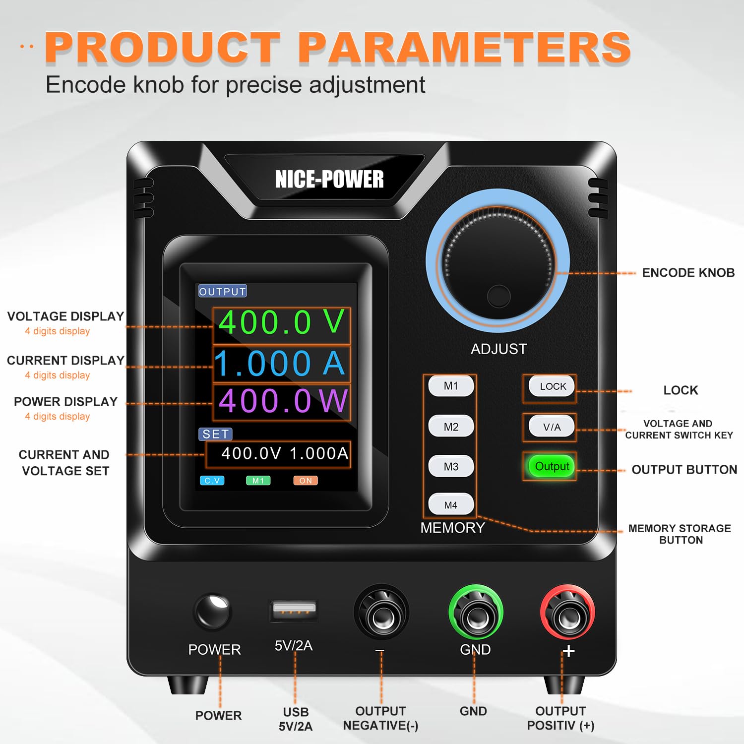 NICE-POWER DC Power Supply Variable, 0-400V 0-1A High Voltage Bench Power Supply with Memory Storage and Encoder Knob, Adjustable Regulated DC Power Supply with Output Switch, Lock Button,PC Software