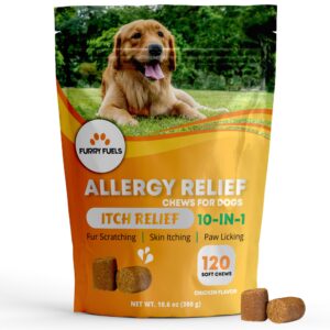 dog allergy relief - 120 count - dog allergy chews dog itching skin relief for seasonal allergies - 10-in-1 soft dog anti itch relief for dogs probiotics for skin & coat supplement - chicken flavor