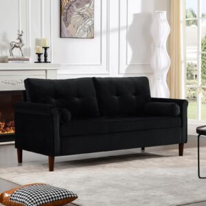 black loveseat sofa, mid-century modern velvet small couch, comfy love seat sofa, upholstered mini sofa with back cushions rolled armrest for living room, bedroom, office apartment, small space