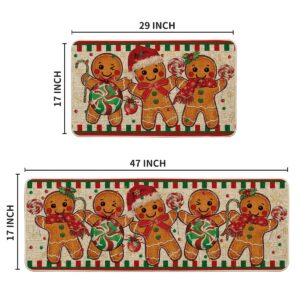 Artoid Mode Gingerbread Candy Cane Christmas Kitchen Mats Set of 2, Winter Home Decor Low-Profile Kitchen Rugs for Floor - 17x29 and 17x47 Inch