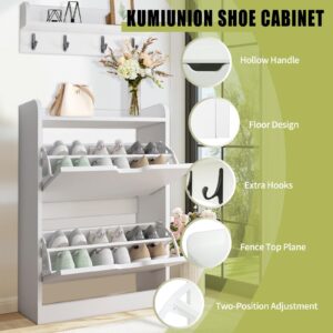 KUMIUNION Shoe Storage Cabinet with 2 Flip Drawers, Slim Freestanding Storage Racks for Entryway, Hallway, Hidden Narrow Shoe Organizers Perfect for Heels, Boots, Slippers, White with Shelf