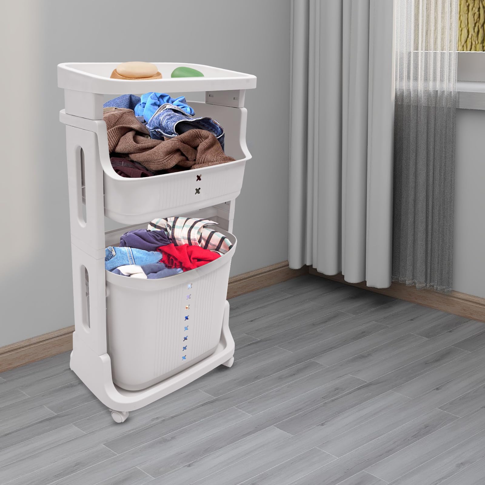 Laundry Hampers, 3-Layer Bathroom Clothes Storage Basket Household Bathroom Simple Storage Shelf Kitchen Shelf Fruit Stand With Universal Wheels for Bathroom Bedroom Kitchen (White, 3-Layer)