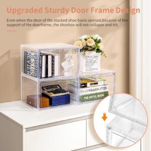 12 Pack Clear Shoe Boxes Stackable,Large Shoe Storage Organizer with Magnetic Door,Drop Side Shoe Containers for Entryway,Sneaker Storage Fit up to US Size 13 for Men/Women(13’’x 10.62”x 8.26”）