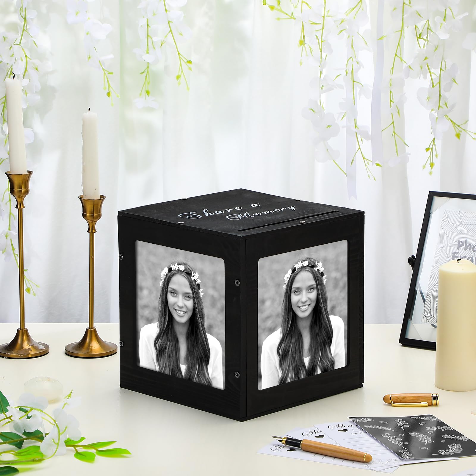 CroBlissful 50 Pcs Share a Memory Cards for Collections of Life, Memory Wooden Photo Box Cards Box with Photo Frame for Guest Funerals Memorial Service Farewell Party Supplies