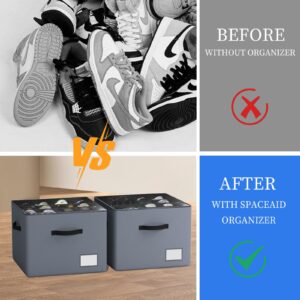 2 Pack Shoe Organizer for Closet, Fits 32 Pairs, Large Shoe Box Storage Containers, Clear Foldable Shoe Storage Bins w/Bottom Support, Space Saving Shoes Holder (Grey)