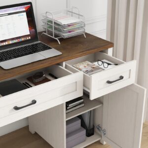 Farmhouse 47" Executive Desk, Computer Desk with Drawers and Storage Cabinet, Workstation Computer Desk for Home Office and Study, Unique White