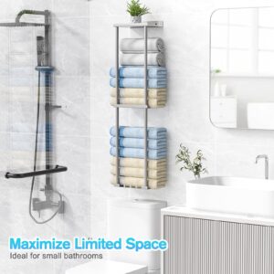 Liuoud Towel Rack For Bathroom, Wall Mounted Bath Towel Holder Storage Organizer For Rolled Towels, Vertical Towel Rack With Shelf Can Holds Up 6 Large Bath Towel, Silver Grey