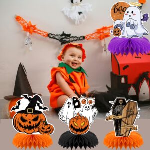 9pcs Halloween Decorations Honeycomb Centerpieces - Halloween Table Decorations for Halloween Parties, Spooky Theme Designs with Witches, Pumpkins, Ghosts, and Skeletons