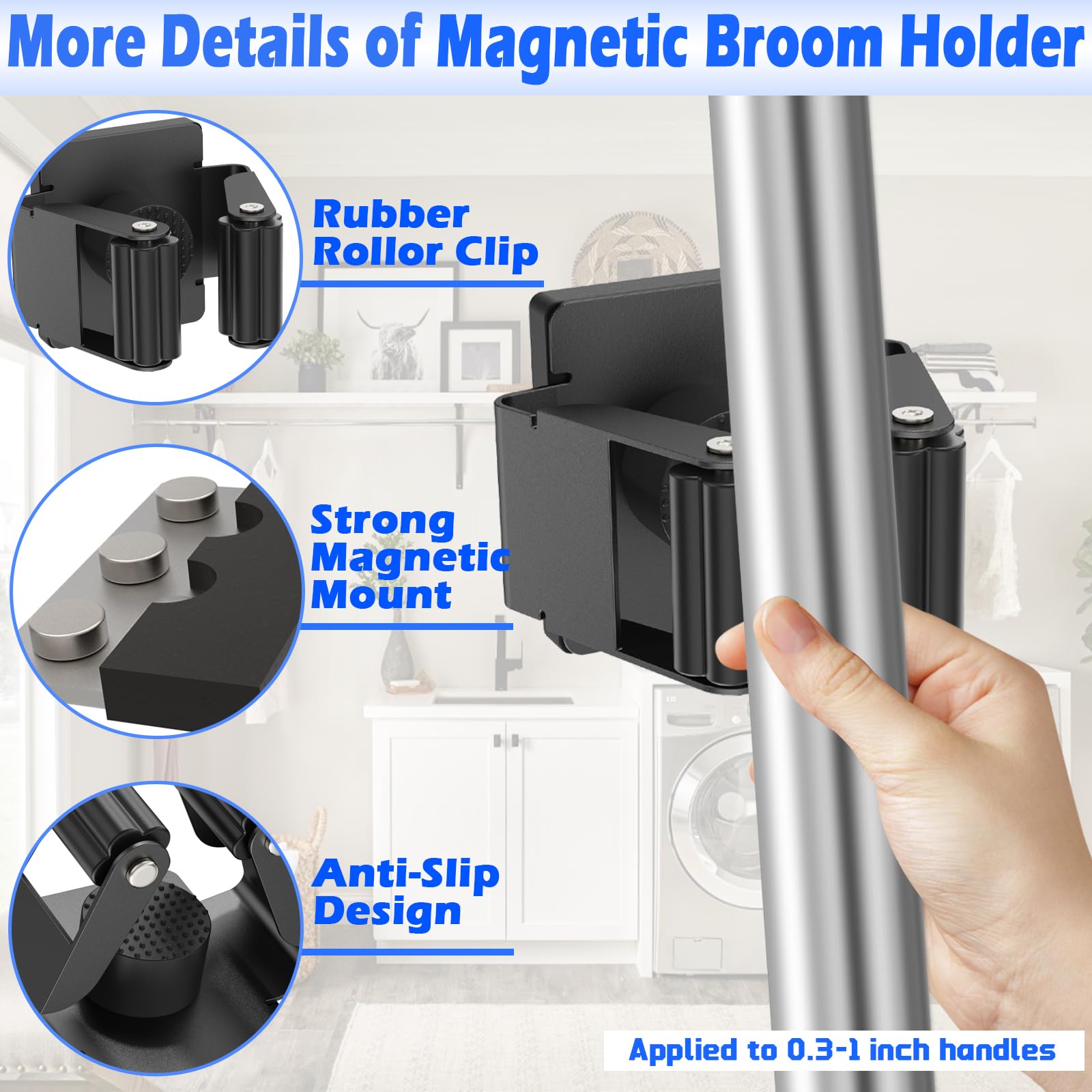 Strong Magnetic Mop Broom Holder, 2 Pack Heavy Duty Magnetic Broom Mop Hanger for Cleaning Tools, Wall Mounted Mop Broom Holder for Laundry Garage Kitchen Workshops Shed